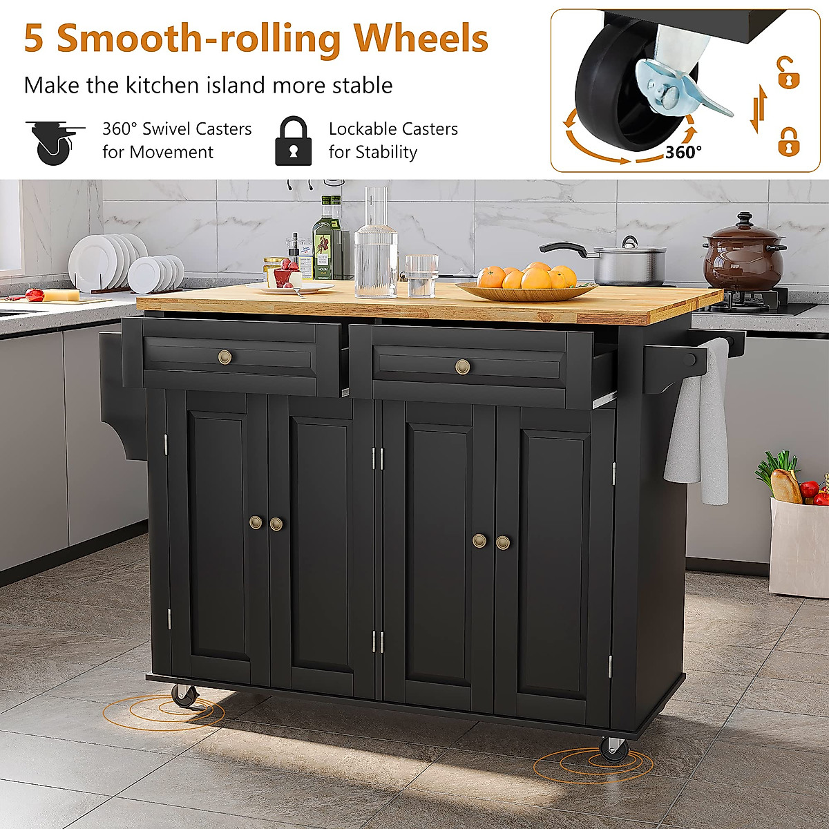 Squireewo Kitchen Cart with Wood Top and Drop Leaf Breakfast Bar, Rolling Mobile Kitchen Island Table on Wheels with Drawer and Storage Cabinet, Spice Rack, Towel Rack, Black
