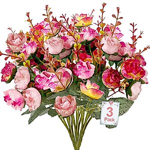 TURNMEON 63 Heads Rose Artificial Flowers Bouquet 3 Bundles Fake Flowers for Cemetery Summer Decorations Silk Flowers Fake Rose Home Decor Wedding Bouquet Faux Flower Spring Decor(Rose Red)