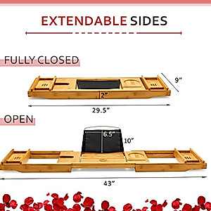 Morvat Premium Bamboo Wood Expandable Bathtub Tray & Caddy for Bathroom, Includes Book Holder, Shelf for Laptop Tablet & Phone, Wineglass Slot & More, Great Gift & Accessories for Home Spa Tub & Bath