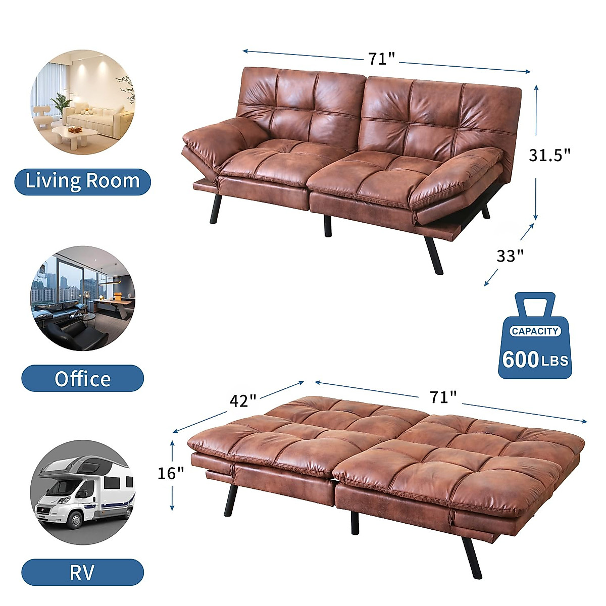 MUUEGM 71" Sofa Bed with Memory Foam,Futon Sofa Bed with Adjust Backrest and Armrest, Couches for Living Room,Studios, Apartments, Dormitories, Offices and Game rooms. Brown Leather Sofa