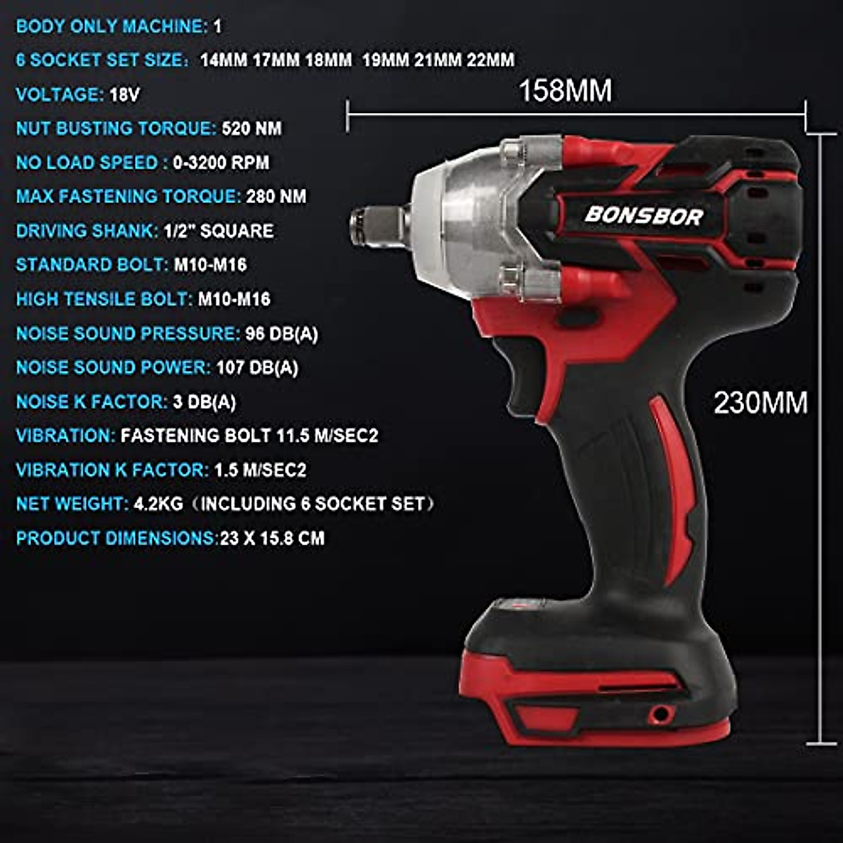 BONSBOR Cordless Impact Wrench Kit 1/2" 520Nm, Brushless Impact Driver Electric Drill with 2 Rechargeable Li-ion Batteries, Socket Set 14mm 17mm 18mm 19mm 21mm 22mm