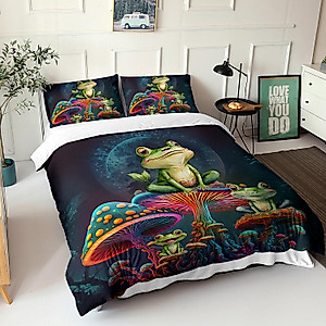 AILONEN Cartoon Frog Duvet Cover Set Full Size,3D Magical Mushroom Bedding Set,Fairy Mysterious Planet Starry Glitter Comforter Cover Set 3 Pieces, 1 Quilt Cover and 2 Pillowcases