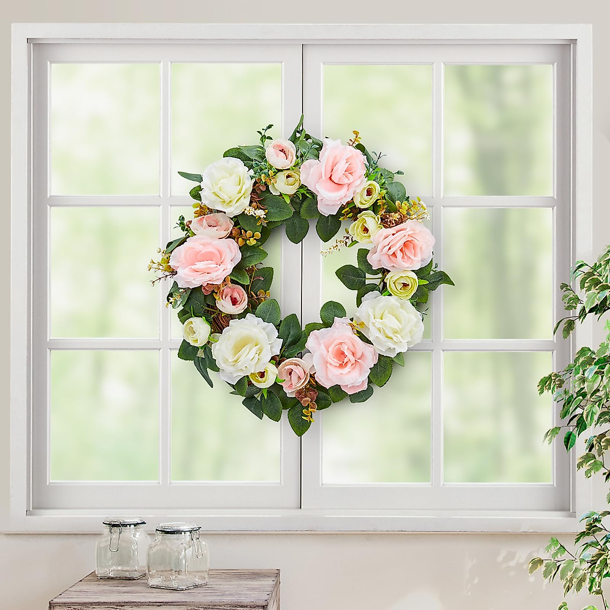 Adeeing Artificial Flower Swag 22-Inch Rose Peony Swag Arch Wreath Centerpiece for Wedding Home Room Garden Lintel Decoration,Pink Peonies