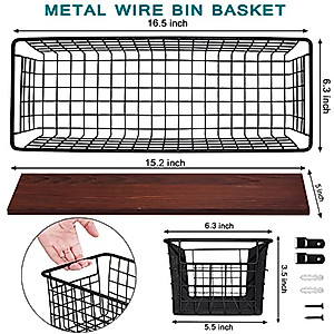2 Set [Extra Large] Portable Metal Farmhouse Wall Decor Storage Organizer Basket Bin with Handles and Floating Shelves for Hanging in Bathroom,Kitchen,Office-Wall Mount Hooks Included (2, Black)