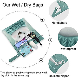 visesunny Bear with Two Bird Animal 2Pcs Wet Bag with Zippered Pockets Washable Reusable Roomy for Travel,Beach,Pool,Daycare,Stroller,Diapers,Dirty Gym Clothes, Wet Swimsuits, Toiletries