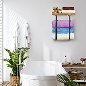 Emfogo Bathroom Towel Rack Wall Mounted Bath Towel Holder with Wooden Shelf Wall Towel Storage Organizer Rolled Towel Shelf for Bathroom Sauna Room RV Camper (Black)