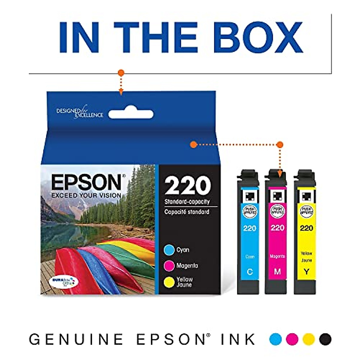 Epson 220 Durabrite Ink Cartridges (Cyan,Magenta,Yellow) 3/Pack in Retail Packaging