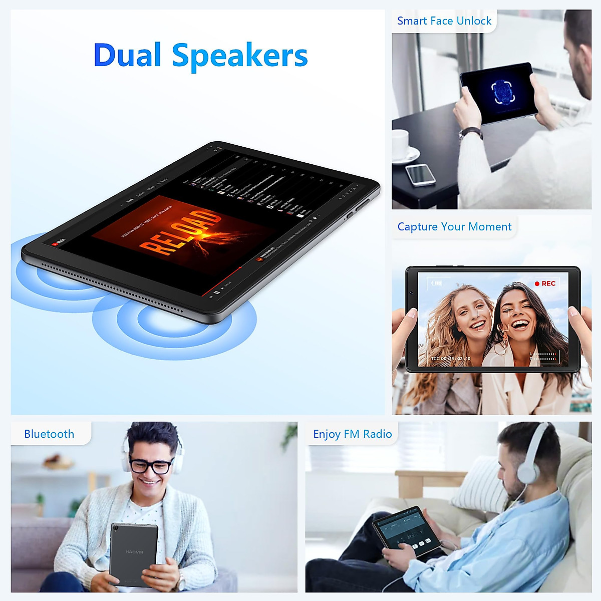 HAOVM 8 Inch Tablet, Android OS, Octa-Core Processor 2.0Ghz, 4GB RAM, 64GB ROM 1TB Expand, 5100mAh Battery, IPS HD Display, Built-in GPS, Dual Camera, 5G WiFi, FM, Parental Control, Gray