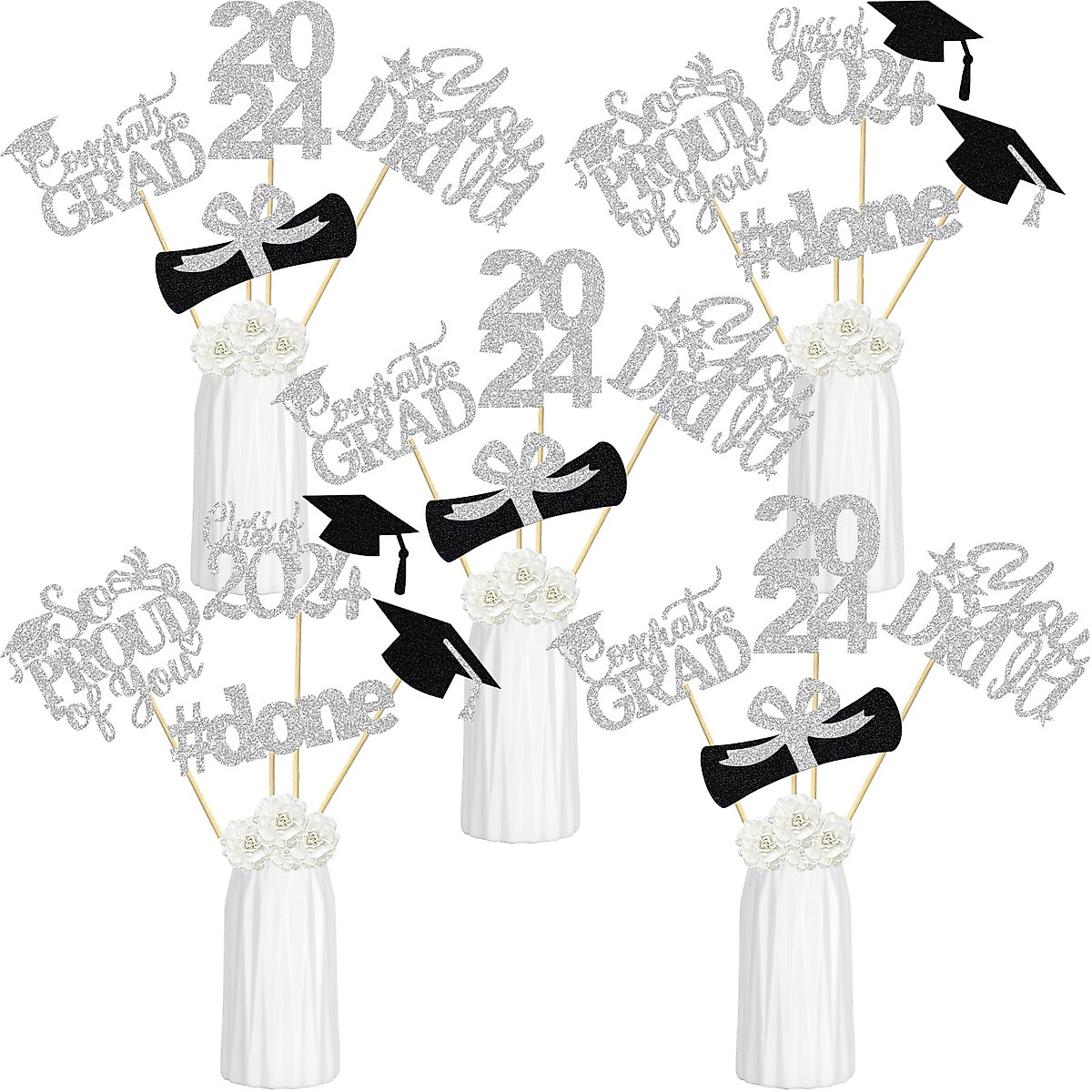 24 Pcs Graduation Centerpieces 2024 Silver, Graduation Centerpieces for Tables 2024 Silver Graduation Centerpiece Sticks for Graduation Party Decorations 2024 Silver