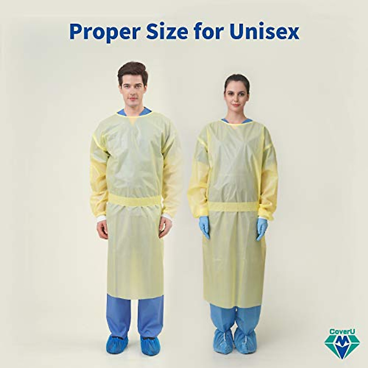 Medtecs Disposable Isolation Gowns - AAMI Level 4 PPSB+PE 36 gsm - 10/100 PC - Seal Tape & Elast Cuffs, Fluid Resistant Durable Comfortable PPE - CoverU Series, Unisex Adult | Yellow, 10 PC