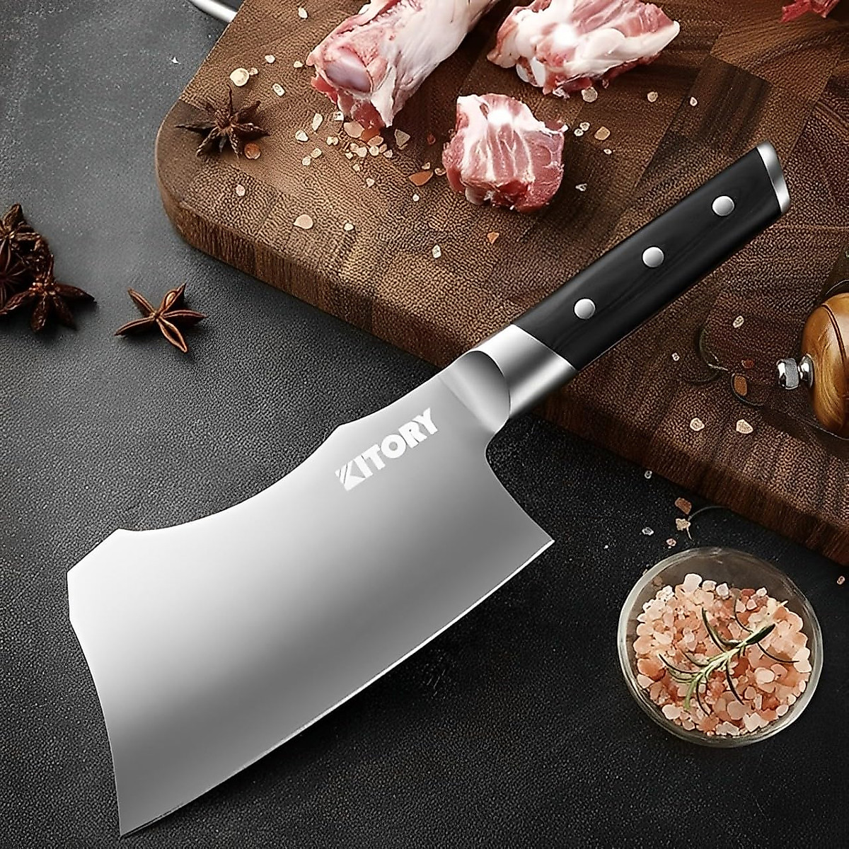 Meat Cleaver wiht larger handle - 7 inch Kitchen Bone Chopper,German High Carbon Stainless Steel Chopping Knife with Ergonomic Wodden Handle - for Home Kitchen and Restaurant - 2024 Gifts Box