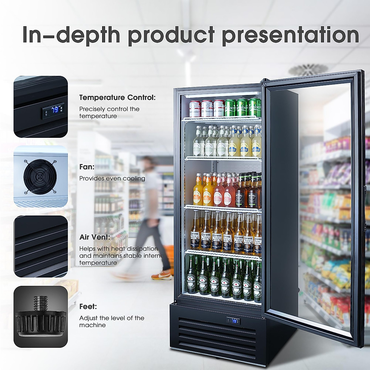 HCK Commercial Beverage Refrigerator 23 inch,10 cu.ft with Single Glass Door,Built-in or Freestanding for Supermarket, Shop,Bar,Restaurant,etc C280MX