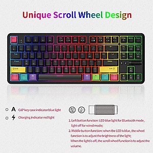 NACODEX K870T TKL Wired/Wireles RGB Mechanical Keyboard | Tenkeyless Bluetooth Keyboard with Volume Wheel Design | 10PCS Mixed Color Keycaps, Up to 3 Devices for Office Gaming (Blue Switch)