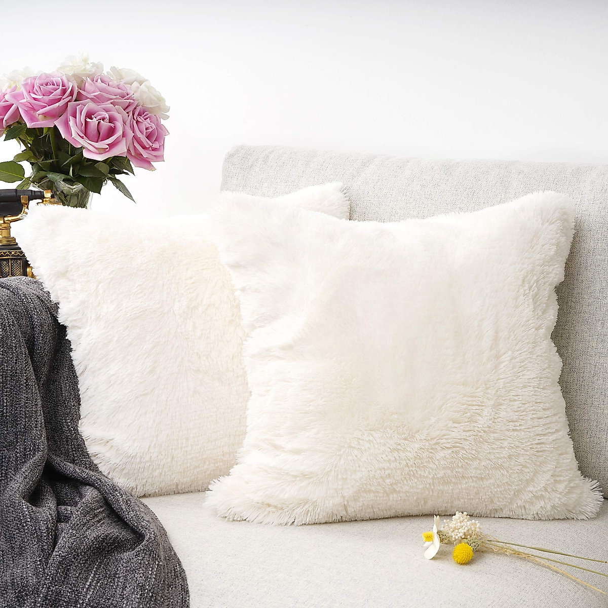 YOUR SMILE Pack of 2, Decorative Plush New Luxury Series Merino Style Faux Fur Throw Pillow Case Cushion Cover 18" x 18"(Ivory,White)