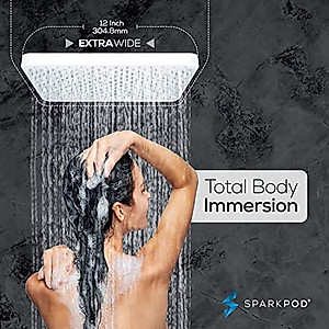 SparkPod 12 Inch Rectangle Rain Shower Head - Ceiling or Wall Mount Rainfall Shower Head - Large Coverage Showerhead - Brass Ball Joint with 360° Adjustment - 1-Min Install (Chrome & White)