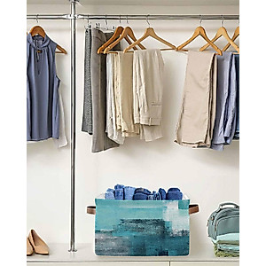 Abstract Storage Basket Turquoise Painting Large Foldable Storage Bins with Handles Modern Art Teal Gray Waterproof Fabric Laundry Baskets for Organizing Shelves Closet Toy Gifts Bedroom Home Decor