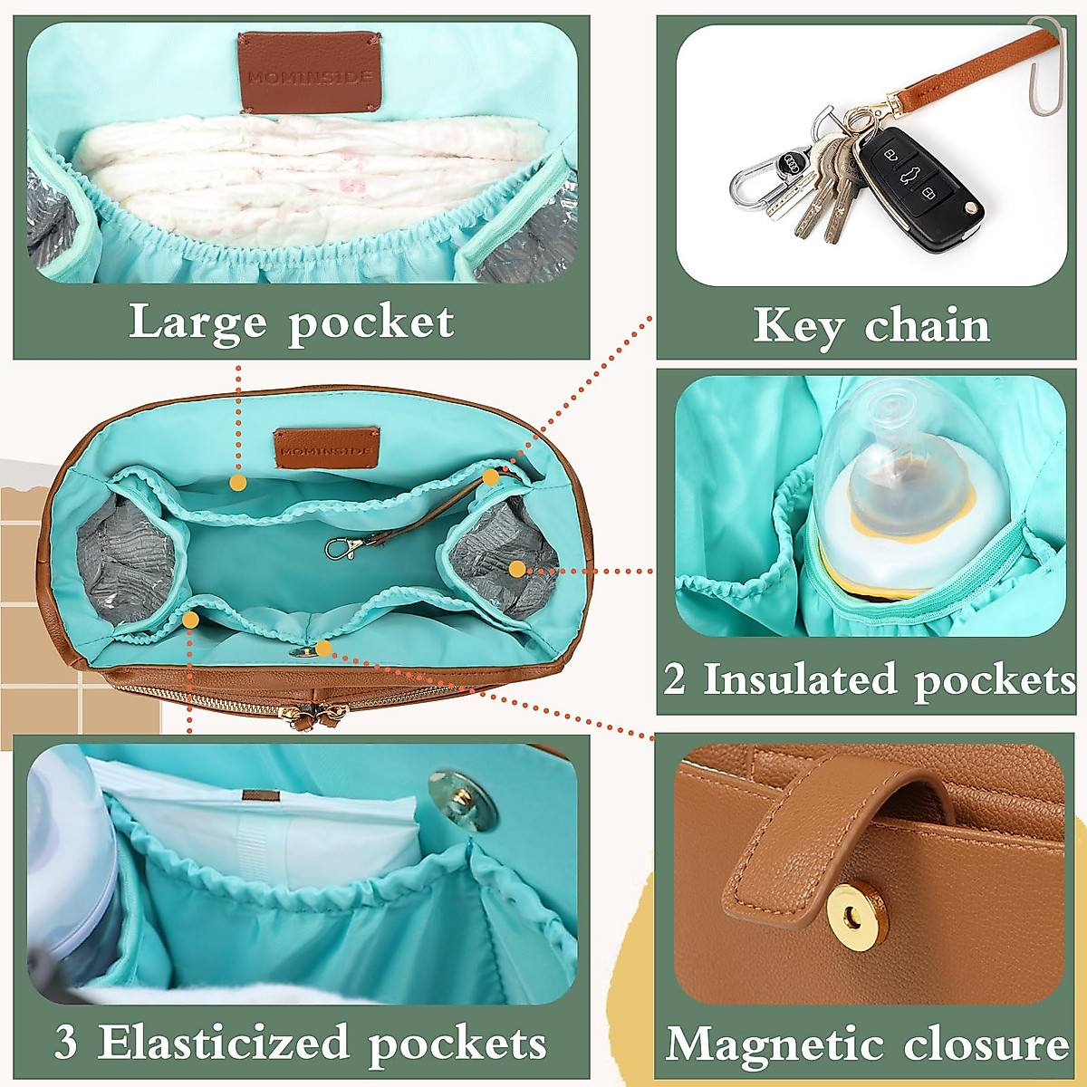 MOMINSIDE Stroller Organizer With Insulated Cup Holders, 10 Pockets Stroller Accessories Leather, Universal Stroller Caddy, Adjustable Straps, Zippered Pocket, Fit All Strollers (Brown)