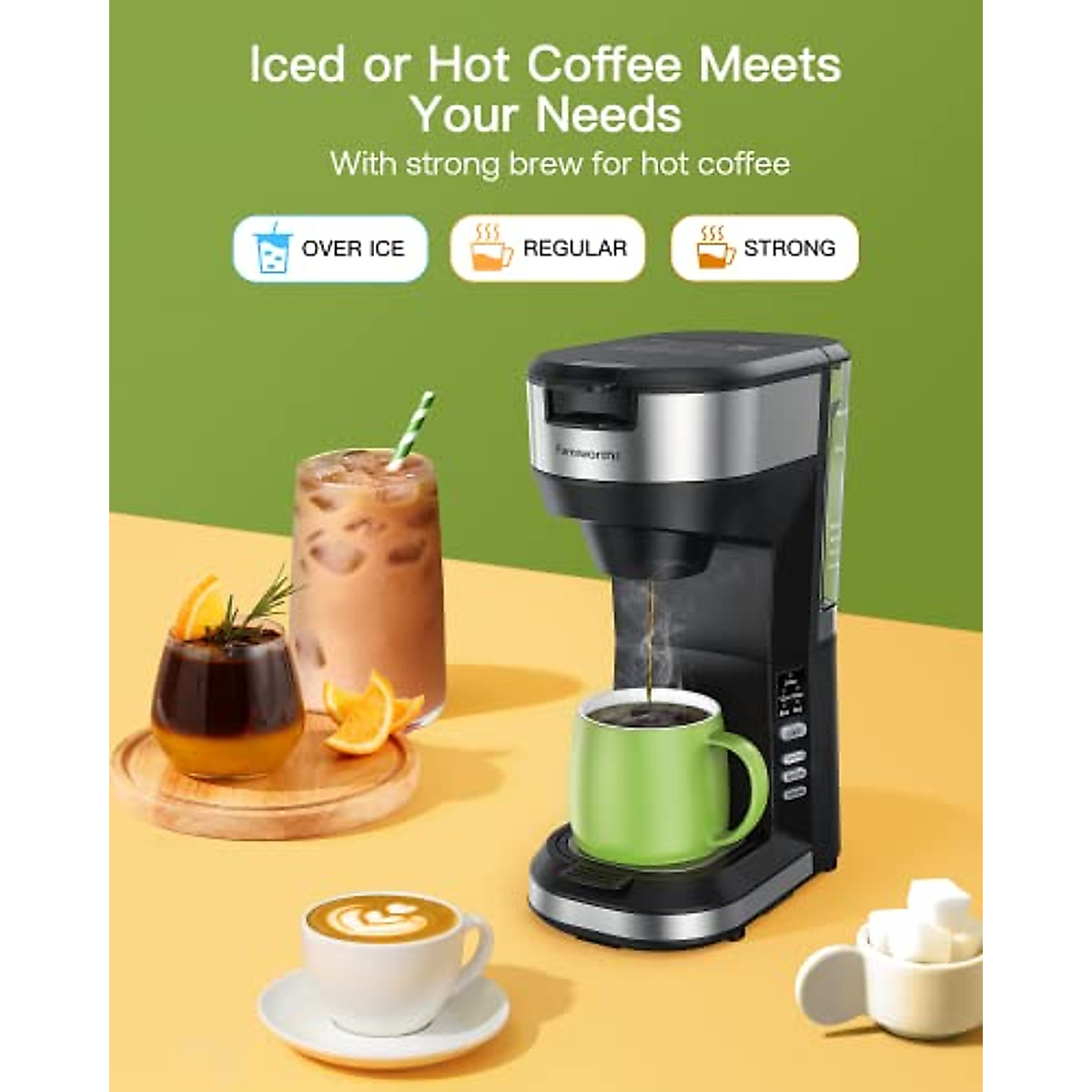 Hot and Iced Coffee Maker for K Cups and Ground Coffee, 4-5 Cups Coffee Maker and Single-serve Brewers, with 30Oz Removable Water Reservoir, 6 to 24Oz Cup Size, Pot and Tumbler Not Included, Black
