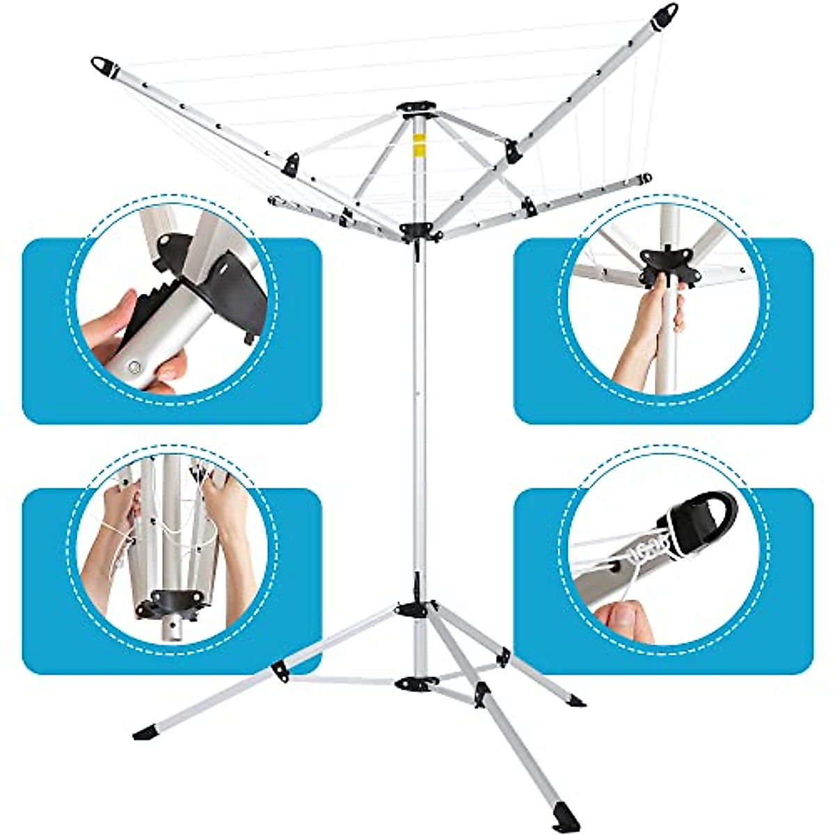 Drying Natural Clothes Airer Outdoor Portable 4-arm Aluminum Drying Rack w/Ground Stake, Carry Bag, 28-Lines with 65 ft. Umbrella Clothesline