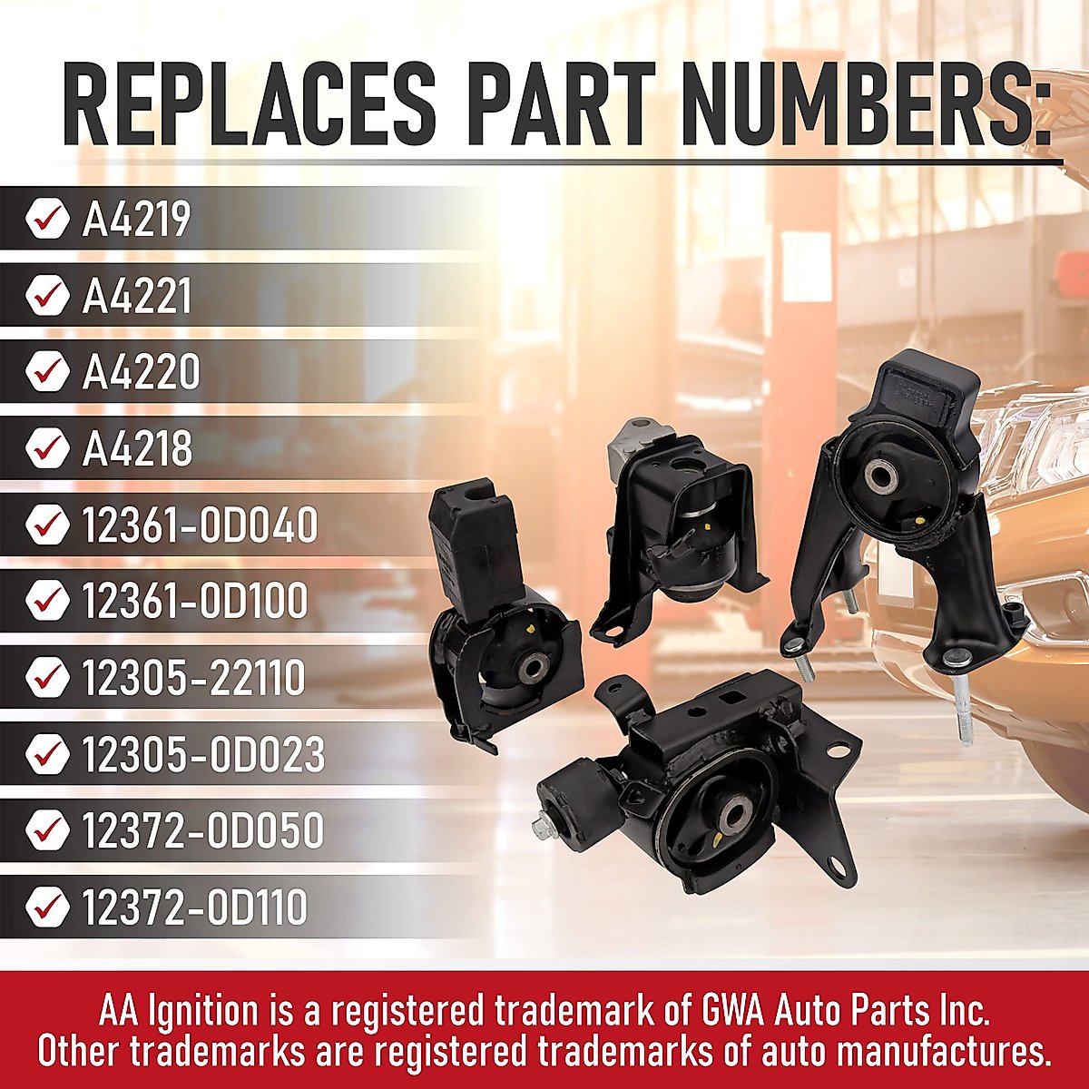 Engine Mount Set - Compatible with Corolla, Matrix, Vibe 1.8L Automatic Vehicles 2003, 2004, 2005, 2006, 2007, 2008 - Replaces A4219, A4221, A4220, A4218