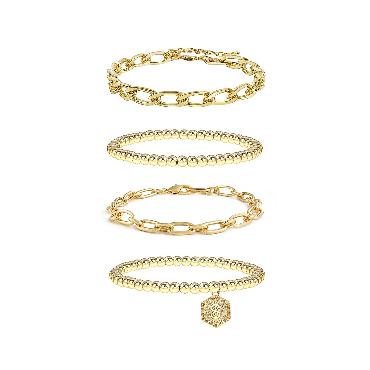 Gold Initial S Bracelets Stackable Bead Bracelet Set Layered 14k Gold Plated Stretch Letter Initial Bracelets Gold Chain Bangles Paperclip Link Charms Bracelet