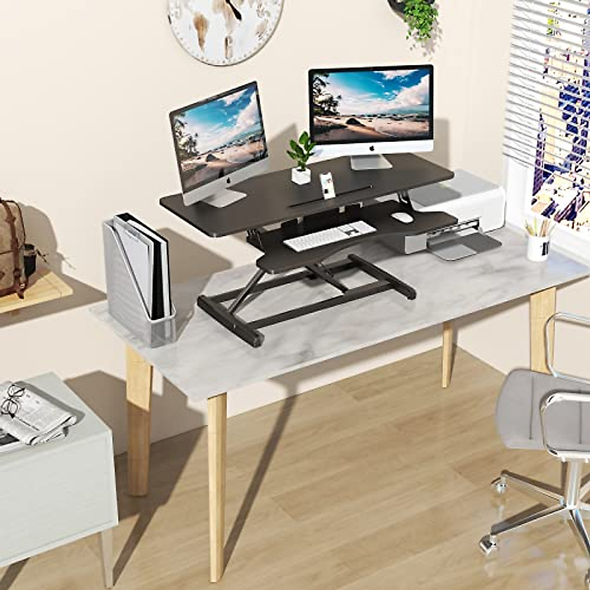 Lubvlook Standing Desk Converter, 42" Height Adjustable Sit Stand Desk Riser for Dual Monitors with Keyboard Tray, Black