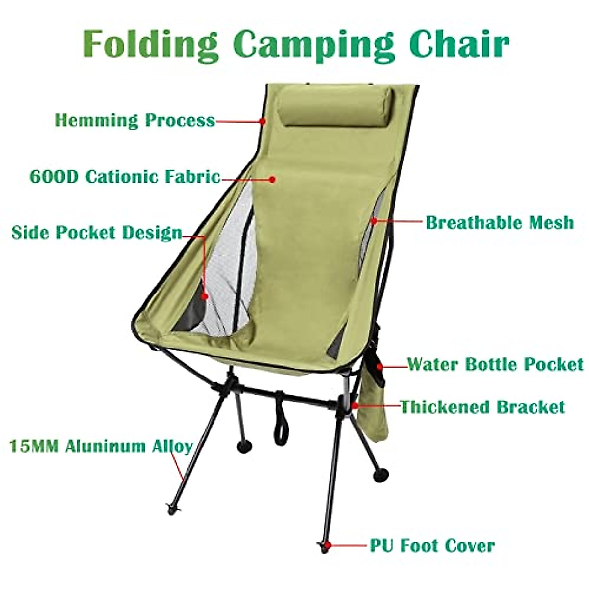 Sequpr Ultralight High BackOutdoor Folding Camping Chair， Heavy Duty Mesh Lightweight Beach Lounge Chair with Pillow and Cup Bag, Large Chair for Travel, Hiking,Fishing,Beach (Green)