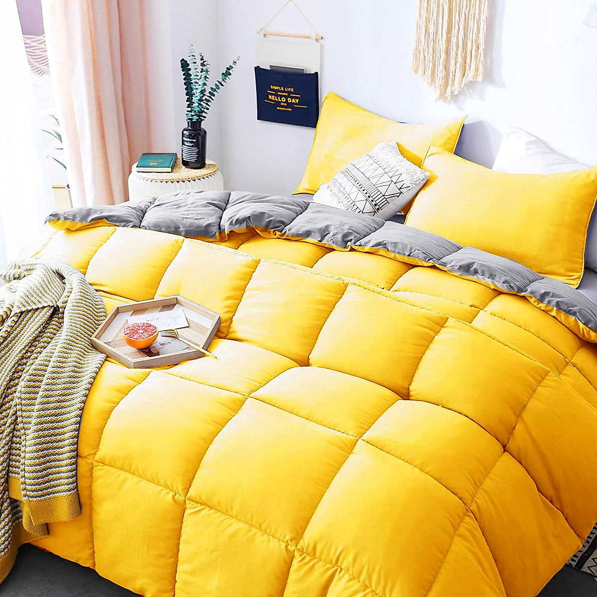 KASENTEX Dual-Sided Yellow and Grey Comforter Set, 2 Pieces Lightweight Teen Solid Bedding Set & Collections, All Season Fluffy Bed Set (68x88in Comforter & 1 Pillowcase)