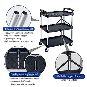 UNICOO Foldable Plastic Utility Cart, Heavy Duty, 3-Tier Rolling Service Cart with Lockable & Silent Wheels, Anti-Rust & Easy Clean for Restaurant, Office, Garage & More, 25.6x15.7x33.5 (Black)