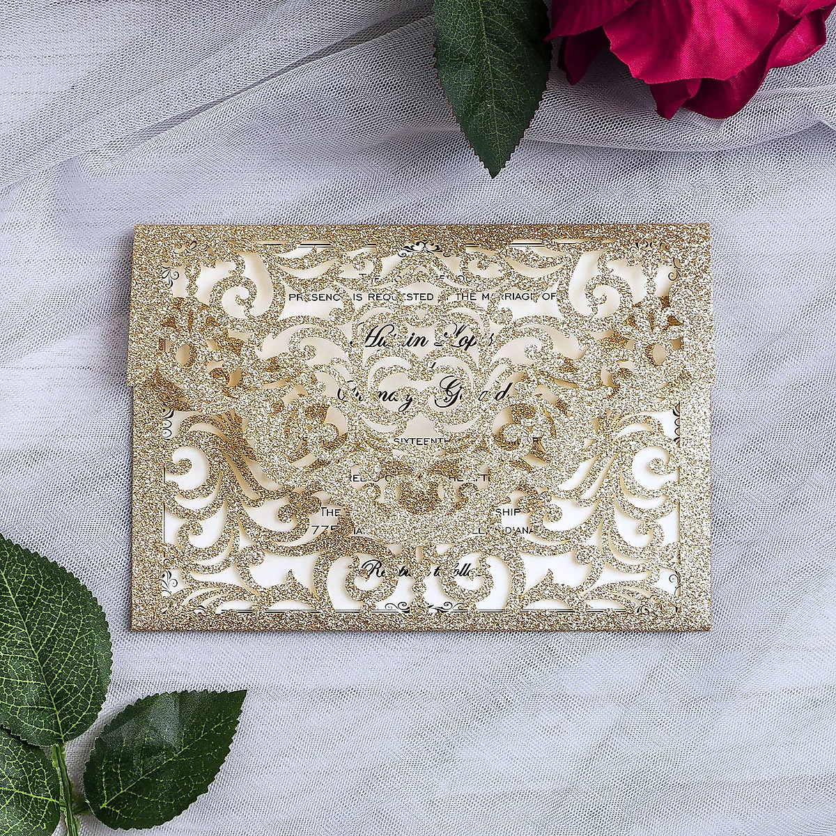 YIMIL 20 Pcs Laser Cut Wedding Invitation Cards with Envelopes for Wedding Quinceañera Birthday Engagement Bridal Shower Graduation Party (Gold Glittler)