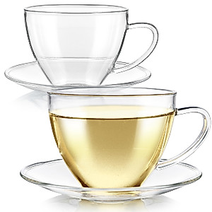 Teabloom Royal Teacup and Saucer Set 2-Pack – Medium Teacup Size – 8 OZ/ 240 ML Capacity – Crystal Clear Classic Design – Premium Borosilicate Glass – Stain-free and Heat Resistant