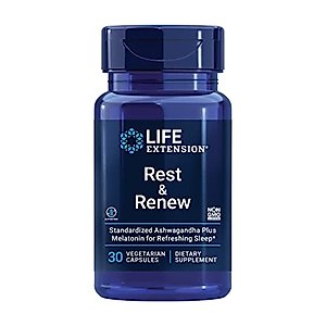 Life Extension Rest & Renew - Ashwagandha Extract with Melatonin - Sleep Supplement Herbal Formula for Healthy and Restful Sleep Support - Gluten Free, Non-GMO, Vegetarian - 30 Capsules