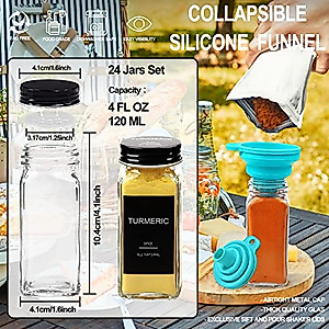 AISIPRIN 24 Pcs Glass Spice Jars with 398 Labels, 4oz Empty Square Containers Seasoning Bottles - Shaker Lids, Funnel, Brush and Marker Included(Black Metal Caps)