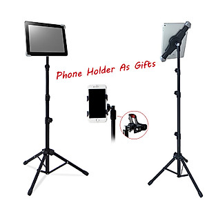 T-SIGN IPad Tripod Stand, Reinforced Foldable Floor Tablet Stand, Height Adjustable 360° Rotating Mount for All 7 to 12 Inches Tablets, Carrying Case, Phone Holder, Bluetooth Remote Control