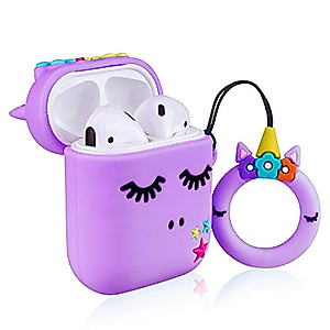 Jowhep Case for AirPod 2/1 Cartoon Design Cute Silicone Cover with Keychain Fashion Funny Shockproof Soft Protective Skin for Air Pods 2&1 Girls Kids Kawaii Shell Cases for AirPods 1/2 Purple Unicorn