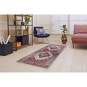 GLN Rugs Vintage Collection - Machine Washable Area Rug, Vintage Washable Rug, Non Slip Area Rug, Low Pile Living Room Rug, Bedroom Rug, Bathroom Rug - Easy Clean (2'x3' Red Rug)