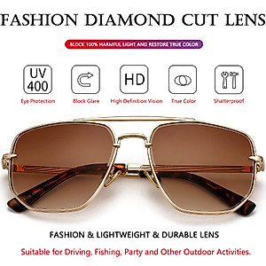 AIEYEZO Square Aviator Sunglasses for Men Women Fashion Vintage Diamond Cutting Lens Classic Military Pilot Gradient Shades (Gold/Brown Gradient)