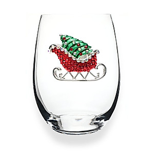 THE QUEENS' JEWELS Red Christmas Sleigh Jeweled Stemless Wine Glass, 21 oz. - Unique Gift for Women, Birthday, Cute, Fun, Not Painted, Decorated, Bling, Bedazzled, Rhinestone