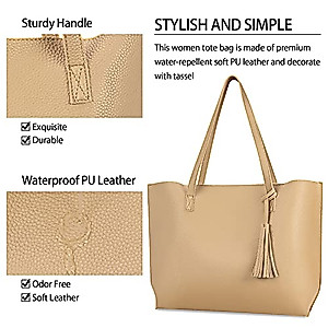 Tote Bag for Women Leather Purses and Handbags Tassel Shoulder Bag Purse Set 2pcs Apricot