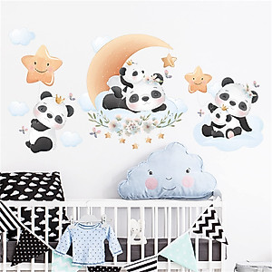 Cute Panda & Moon Wall Decals,Peel and Stick Removable Animal Wall Stickers for Kids Children Bedroom Nursery Home(11.8x35.4in)