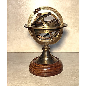 Karv Instruments Antique Brass 6" Decorative Armillary Sphere Globe Astrolabe Zodiac Engraved Celestial Globe Wooden Base