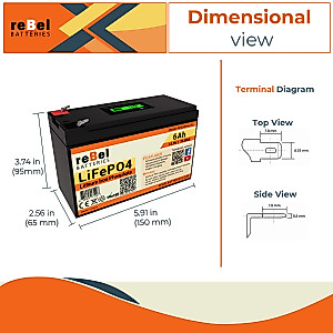reBel Batteries 6ah Lithium Battery with LCD - LiFePO4 12V 6Ah Battery - Kayak Battery - Fishing Electronics - Solar Battery - Lithium Iron Phosphate Battery with Low Temp Protection