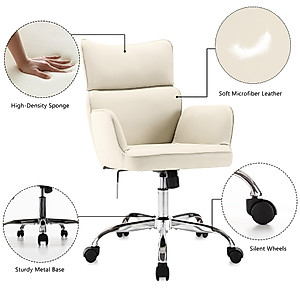 BERYTH Home Office Chair with Wheels, Adjustable Height Swivel Mid-Back Armchair Task Chair, Modern PU Leather Ergonomic Tilt Computer Desk Vanity Chair for Office, Study Room(PU Beige)