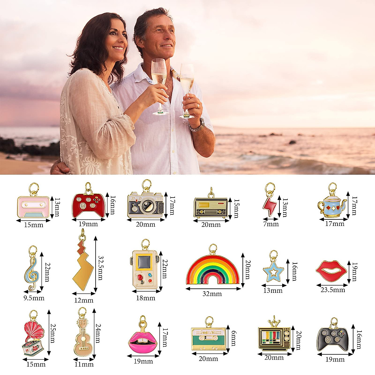 18 Pcs Wine Glass Charms Set 80's Vintage Markers Wine Glass Rings Tag Identification with Buckle and Drawstring Bag for Stem Glasses, Bachelorette Party, Wine Tasting Party Favors Decorations