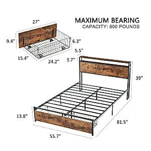 Virabit Bed Frame Full Size with Drawers, Full Platform Bed Frame with Headboard and Power Outlets, No Box Spring Needed, Easy Assemble(Brown).