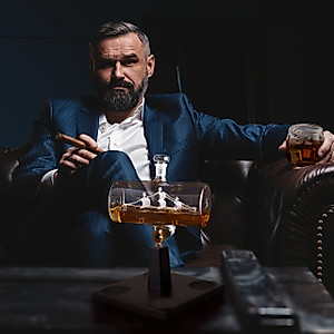 Oak & Steel 35oz/ 1000ml Ship In a Bottle Whiskey Decanter Sets for Men - Wine Decanter Set with Glasses of 4, Whiskey Dispenser & Stand for Whiskey, Bourbon, Vodka, Tequila - Gifts for Men & Husband