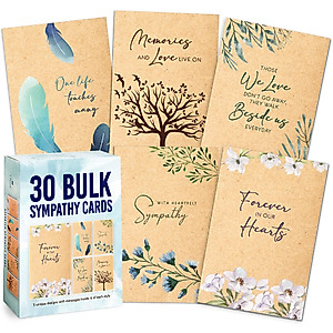 T MARIE 30 Sympathy Cards Assortment Box with Envelopes - 4x6” Kraft Style Bulk Condolence Cards - Assorted Sympathy Cards With Heartfelt Messages Inside for Funeral, Memorial Service and Bereavement