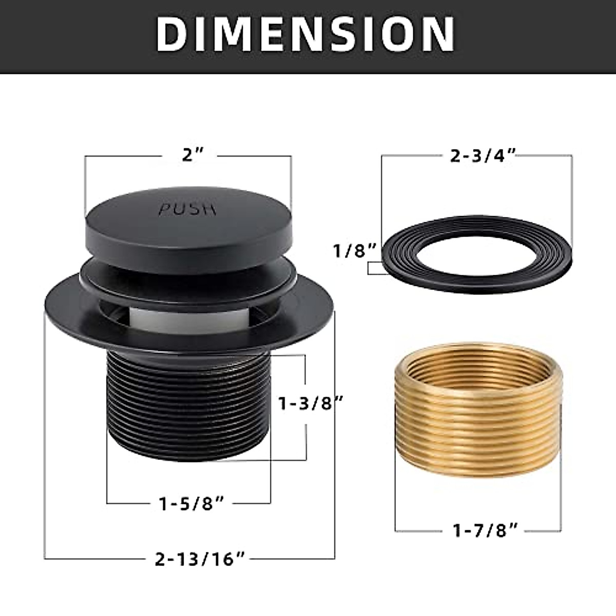 EXAKEY Tub Drain - Tip Toe Bathtub Drain Kit with Two-Hole Overflow Faceplate, Bath Tub Drain with Universal Fine Thread & Coarse Brass Thread Bushing Assembly Anti-Rust Matte Black