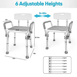 2024 New Shower Chair with Arms and Back,6 Levels Height Adjustable Shower Chair for Elderly and Disabled,Tool-Free Shower Seat for Bathtub,Shower Bath Chair for Elderly/Disabled