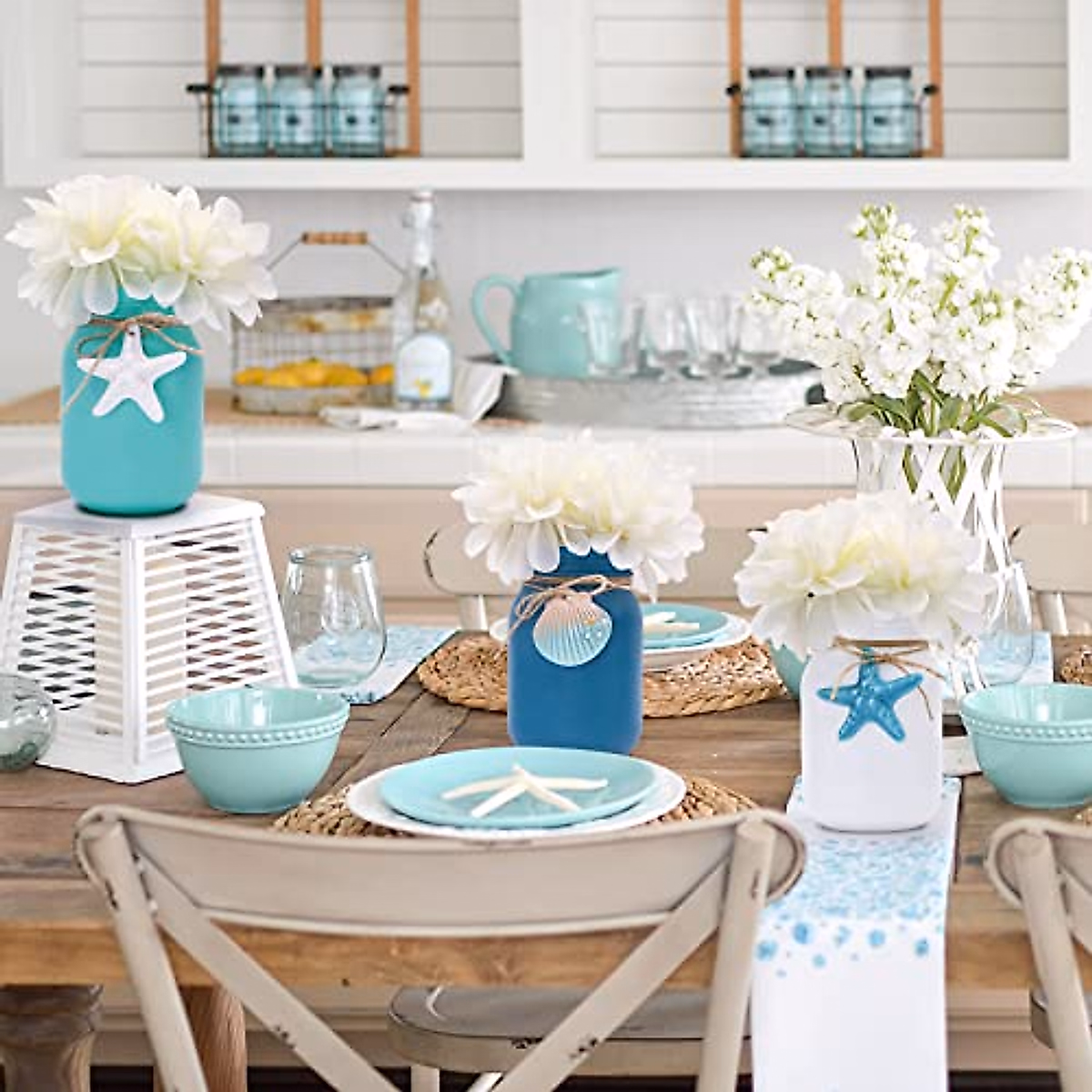Beach Mason Jar Decor Coastal Table Centerpiece with White Flowers Floral Arrangement Blue Shell Starfishes Slices Summer Sea Farmhouse Tiered Tray Wedding Décor Vases Home Hostess Gift Idea Set of 3